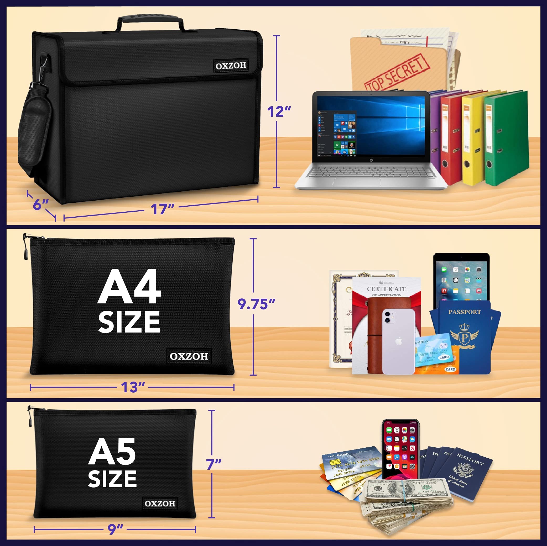 Fireproof Bag with Lock (TSA Approved) No Key Required | Fireproof Document Bag XXXL Size (17 x 12 x 6 inch), A4 & A5 Size | Water Resistance Fireproof Document Box | Firebox for Document Storage