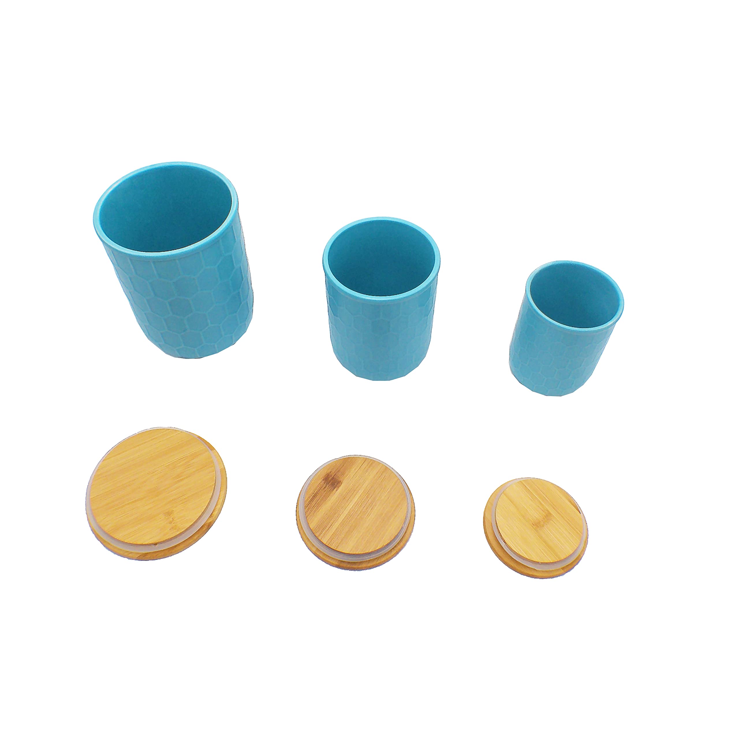 First of a Kind Kitchen Canisters - Blue Stoneware Canisters with Bamboo Lids, Set of 3 Storage Canister Container Set - Honeycomb Design, Ceramic Food Canister Jars for Tea, Sugar & Flour Storage