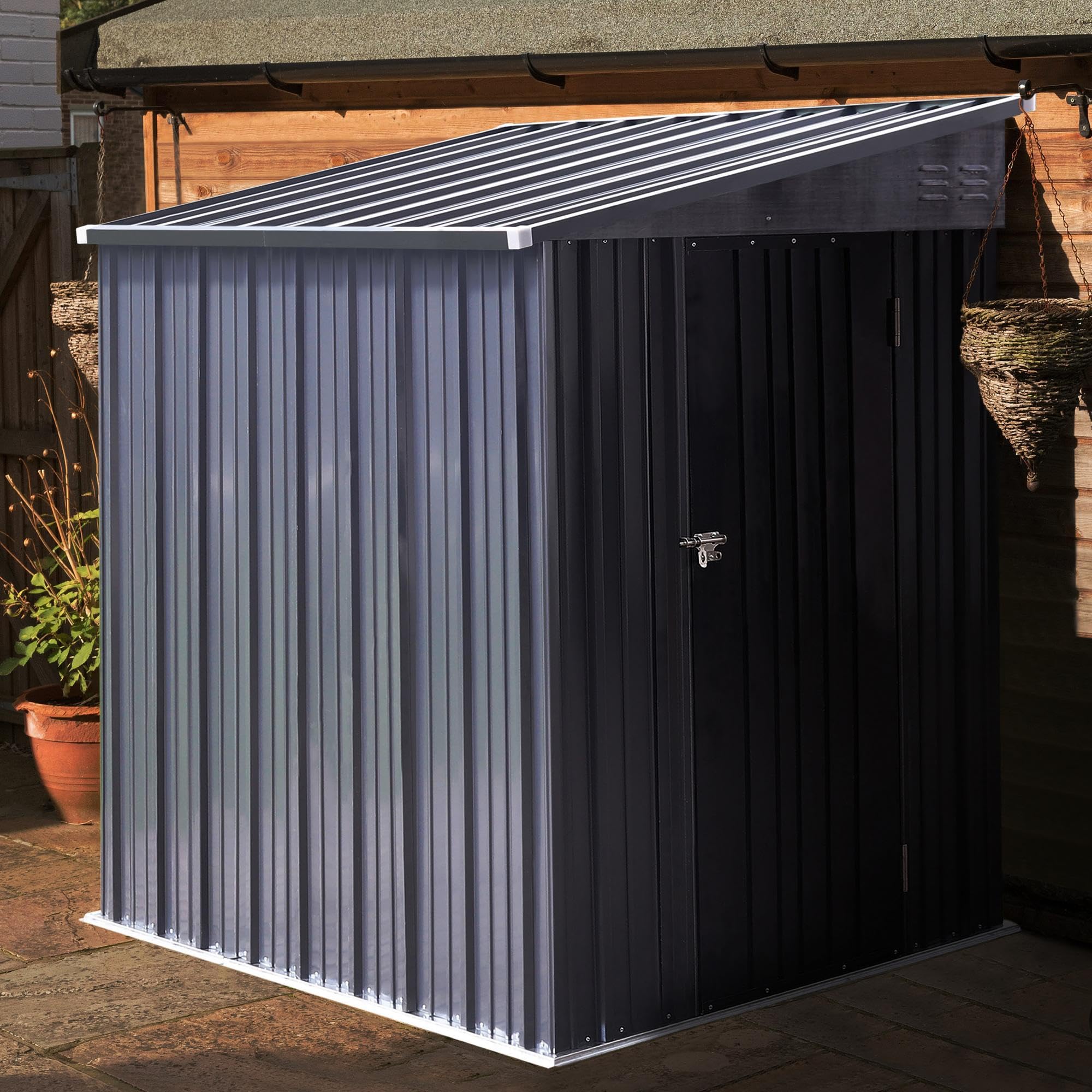 MUPATER 4x8 FT Outdoor Storage Shed with Lockable Door, Metal Lean to Shed Garden Tool Storage Shed House, Storage Shed Kit for Patio, Backyard, Lawn, Grey