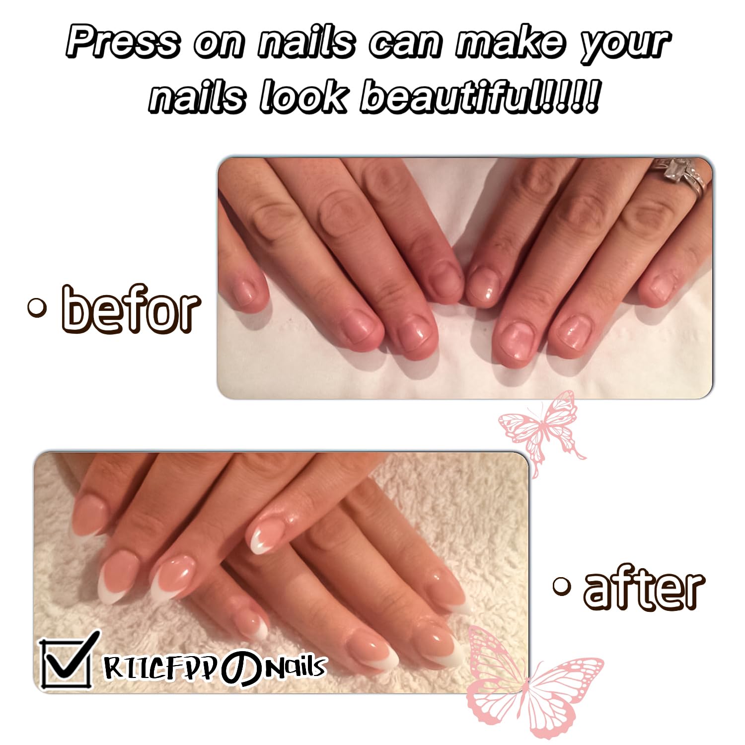 French Tip Press on Nails Long Almond Fake Nails White Tip(wide tip)Nude Pink Glossy Acrylic False Nails Kit for Women Girls Artificial Nails 24 Pcs