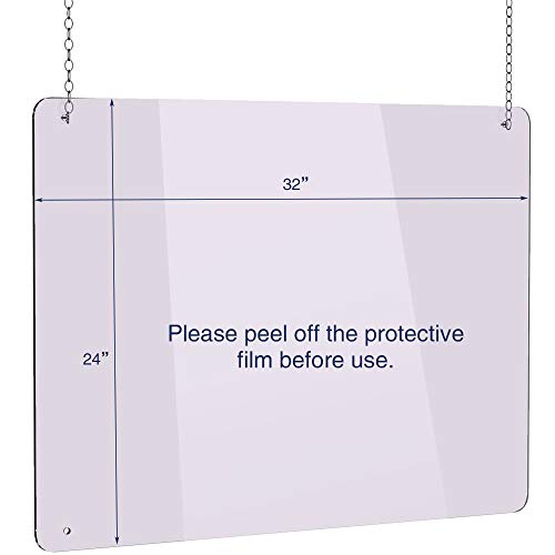 Hanging (24" x 32") Portable Acrylic Plexiglass Sneeze Guard Shield for Counter Barrier from Sneezing Cashier Protection, Multiple Sizes Available