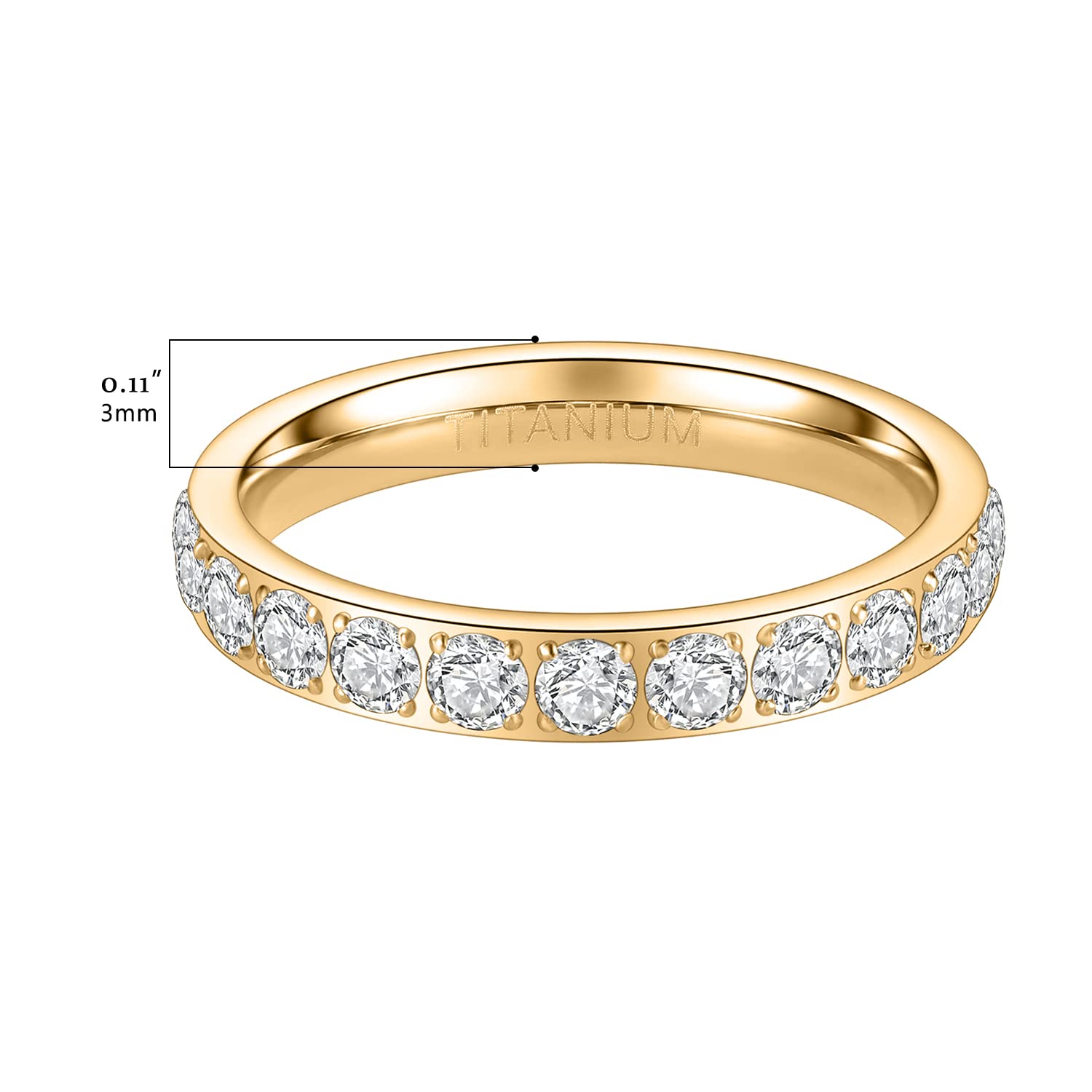 FUNLMO 3mm Women Titanium Eternity Ring Cubic Zirconia Engagement Anniversary Ring Wedding Band Size 5 to 10(Gold, 9)