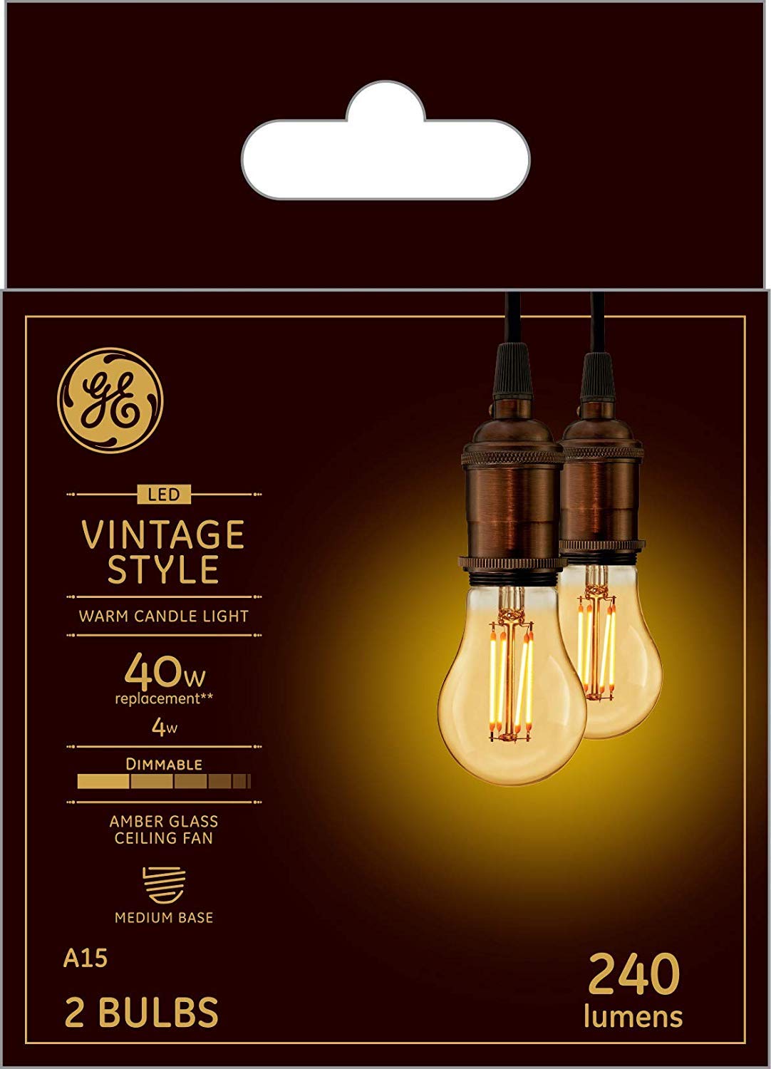 GE Vintage Style LED Light Bulbs, 4 Watt (40 Watt Equivalent) Warm Candle Light, Amber Glass, Medium Base, Dimmable (2 Pack)