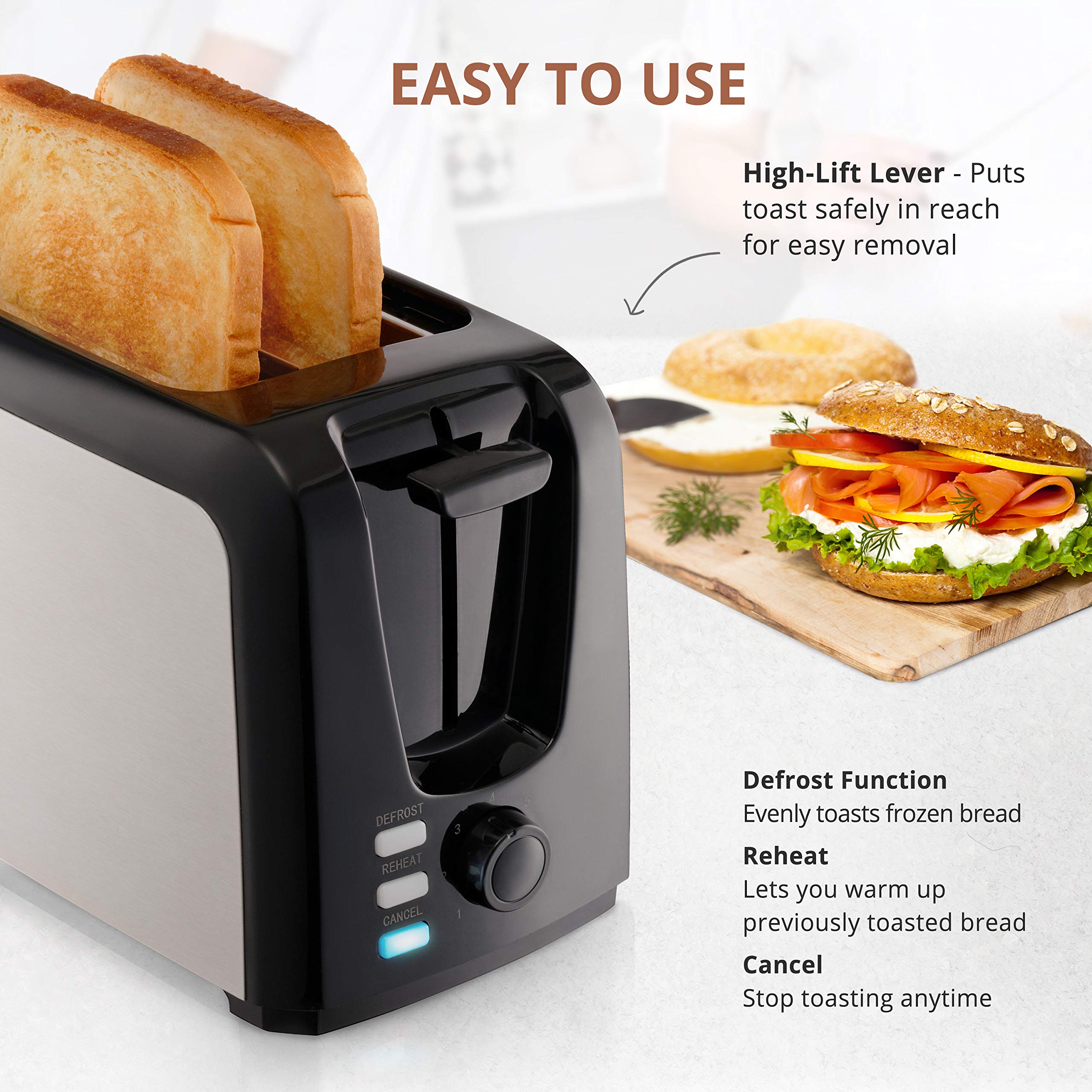 Gastrorag 2 Slice Toaster – Wide Slot Stainless Steel Toaster with 7 Bread Shade Settings, Reheat/Defrost/Cancel Functions, Removable Crumb Tray, Cool Touch & Easy Clean, Black/Silver