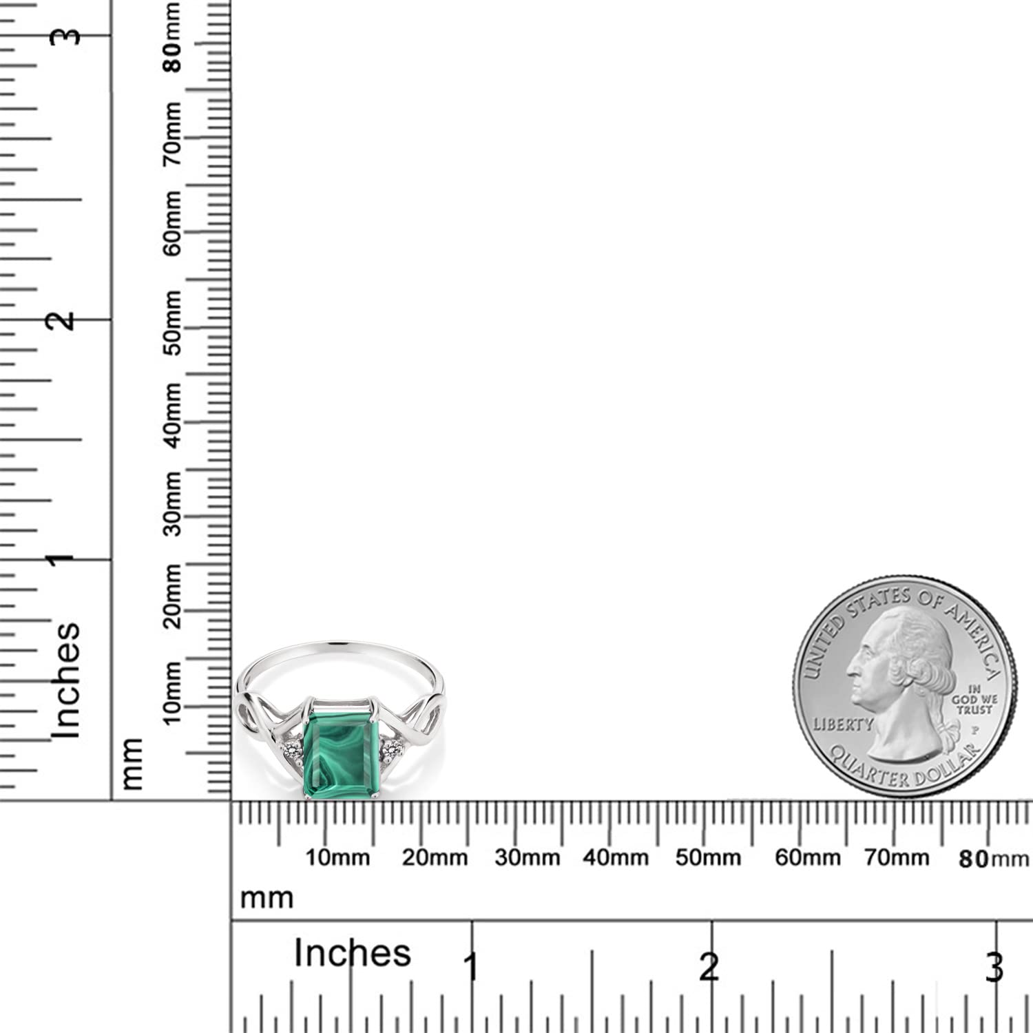 Gem Stone King 925 Sterling Silver Green Malachite and White Diamond Ring For Women (3.57 Cttw, Emerald Cut 9X7MM, Available In Size 5, 6, 7, 8, 9)