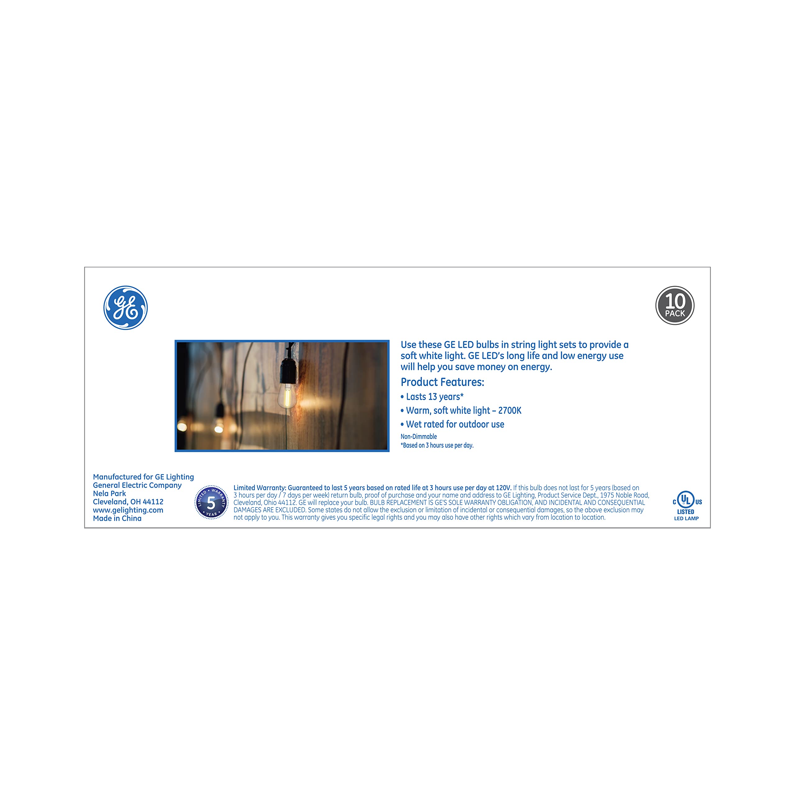 GE LED String Light Bulb Replacements, Soft White, S14 Bulbs, Clear, Medium Base (10 Pack)