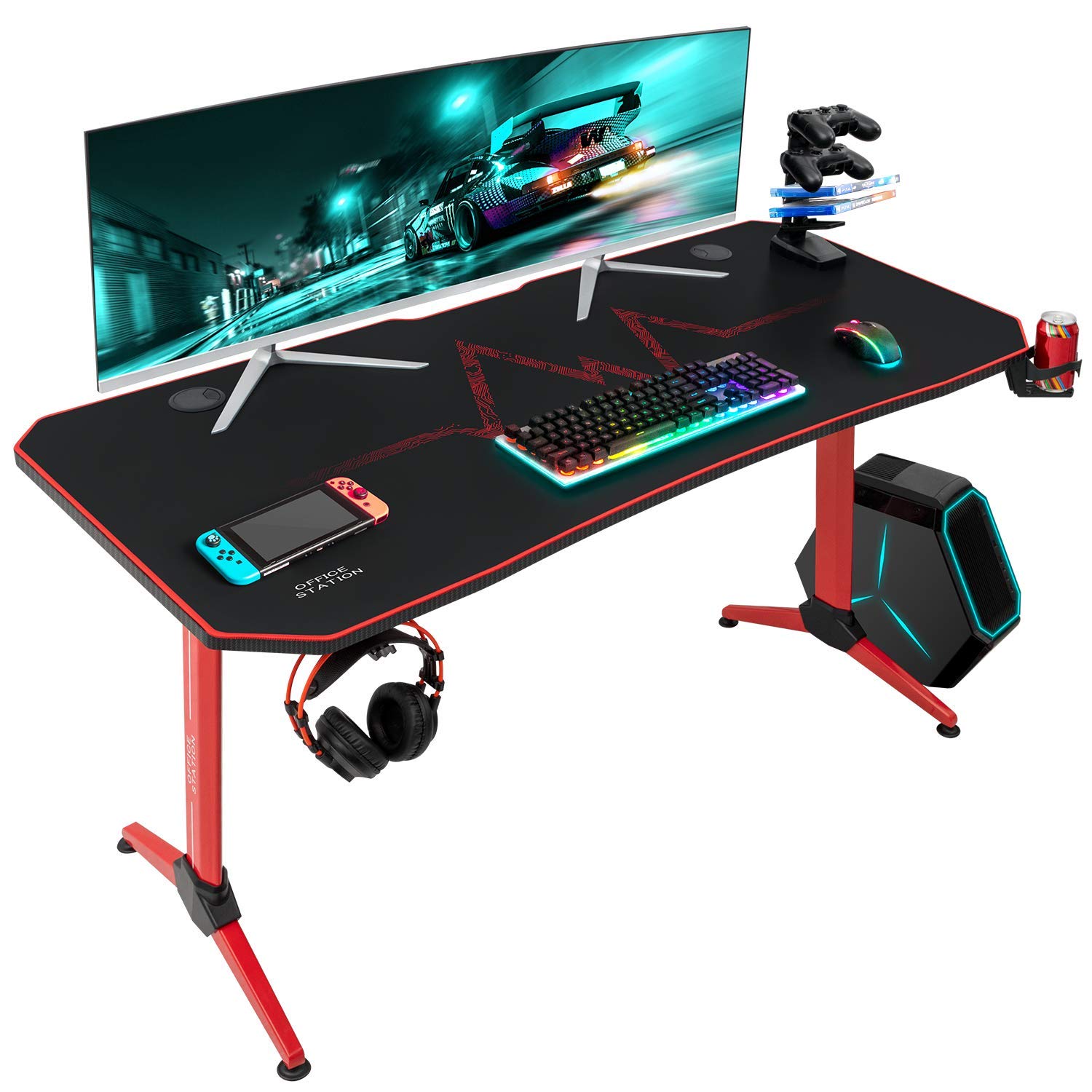 Furmax Gaming Desk T-Shaped Pc Computer Table with Carbon Fiber Surface Free Mouse Pad Home Office Desk Gamer Table Pro with Game Handle Rack Headphone Hook and Cup Holder (Red, 55 Inch)