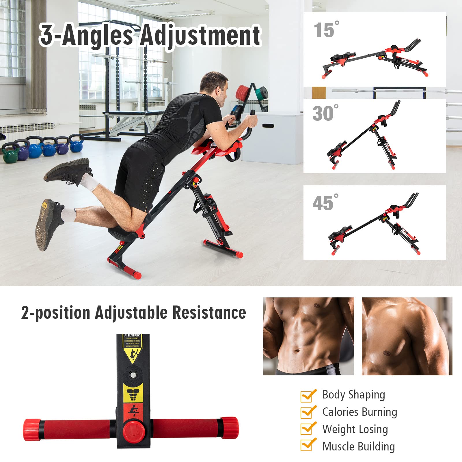GYMAX 4 in 1 Rowing Machine, Adjustable Ab Machine with Resistance Bands, Multifunctional Rower Abdominal Fitness Equipment Whole Body Workout Machine for Home Gym