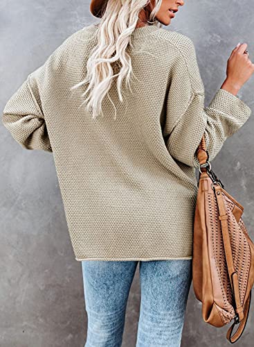 SHEWIN Sweaters for Women Trendy Waffle Knit Long Sleeve Button V Neck Loose Tops,(US 18-20) 2XL,Khaki