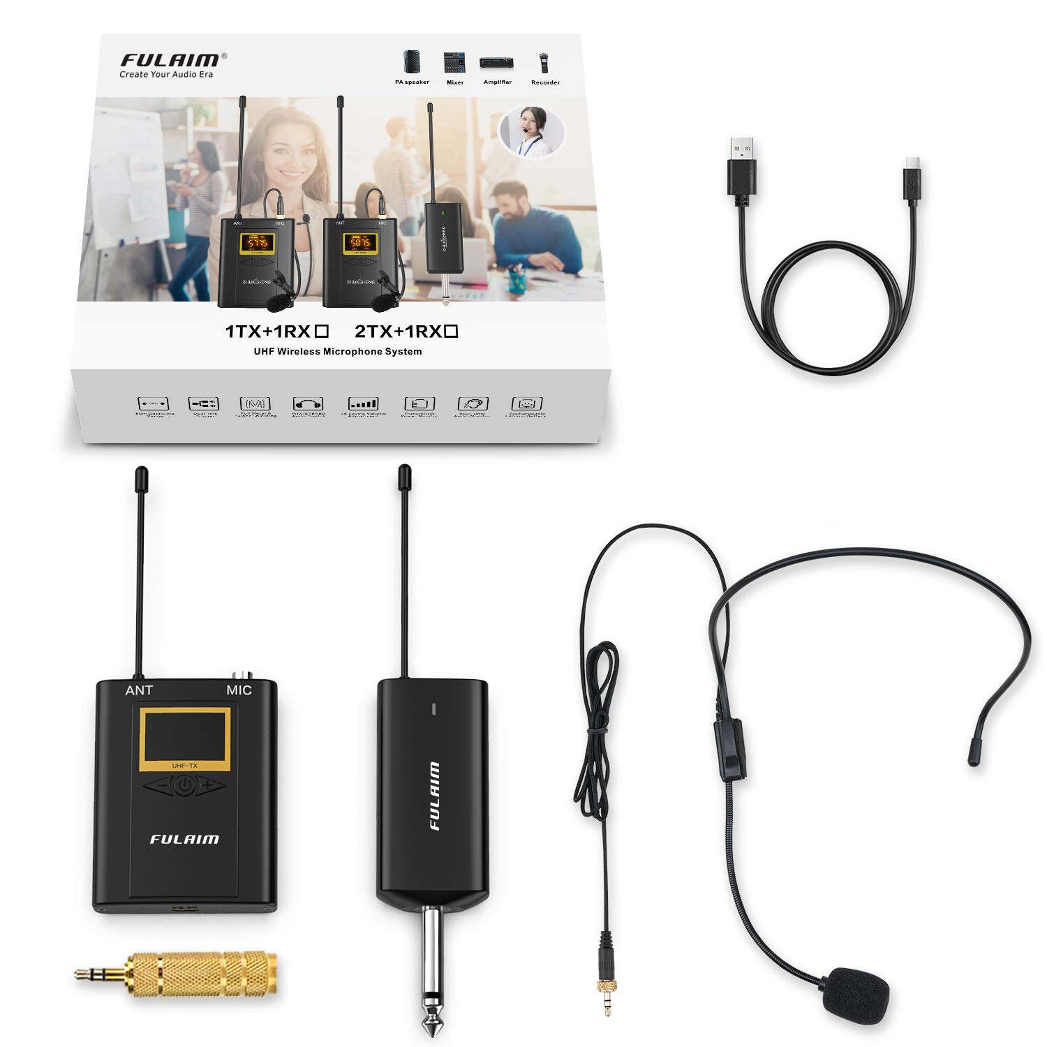 FULAIM WM300 UHF Wireless Headset Microphone System with Rechargeable Bodypack Transmitter & Mini Receiver 1/4" Output Works with Amplifier/Mixer/PA Speaker, Suitable for Live Performances