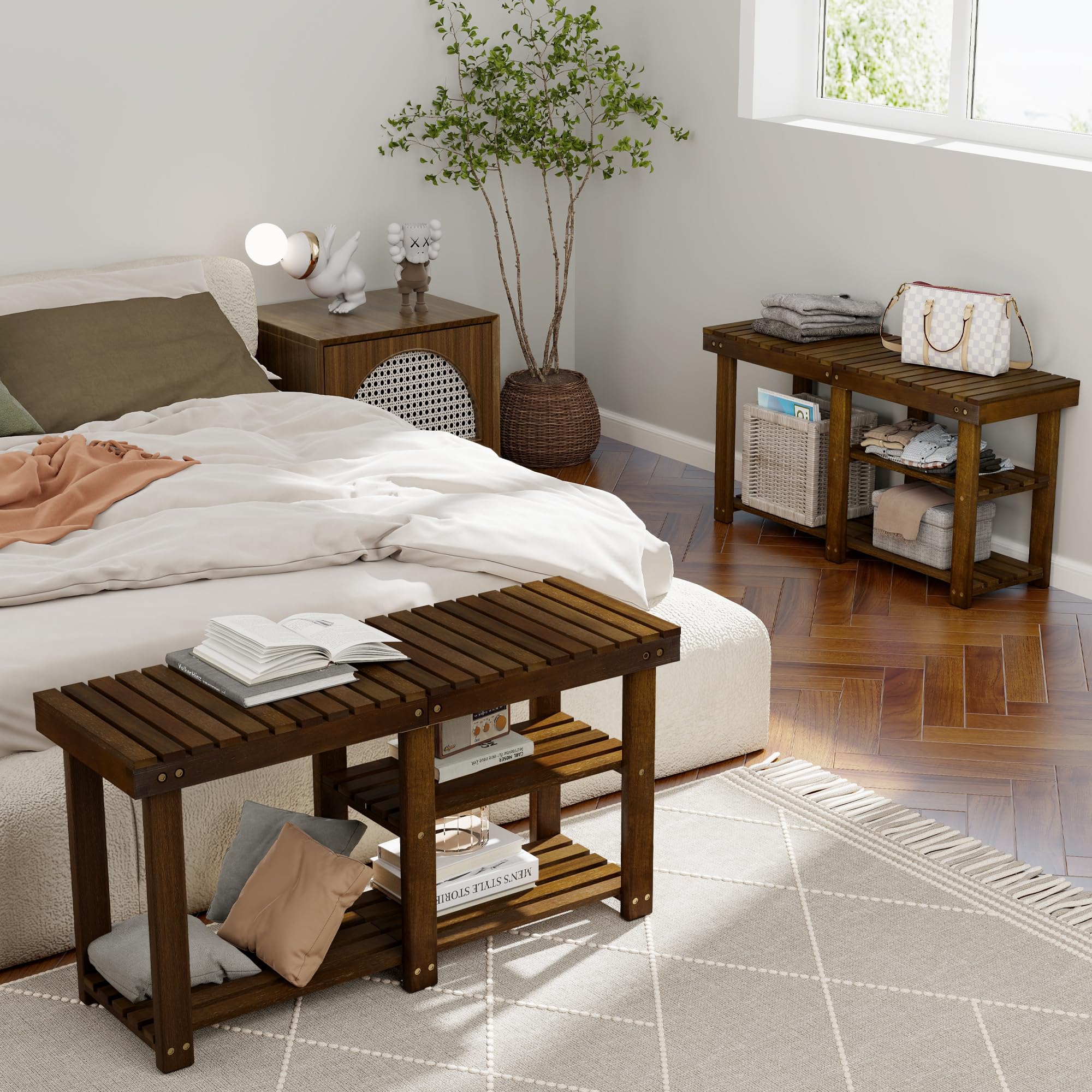 FLYJOE Shoe Rack Bench, 3-Tier Freestanding Wooden Shoe Organizer with Seat, Entryway Bench, Storage Shelf for Kitchen Living Room Bathroom Bedroom, Walnut