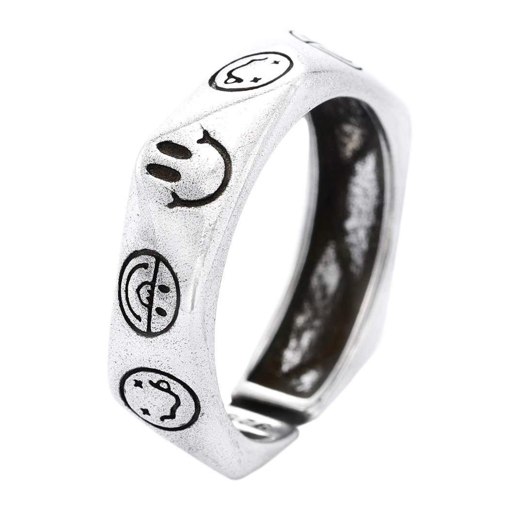 Fstrend Smily Face Ring Retro Silver Stainless Steel Rings Vintage Smiling Statement Band Adjustable Open Ring Jewelry for Women and Girls