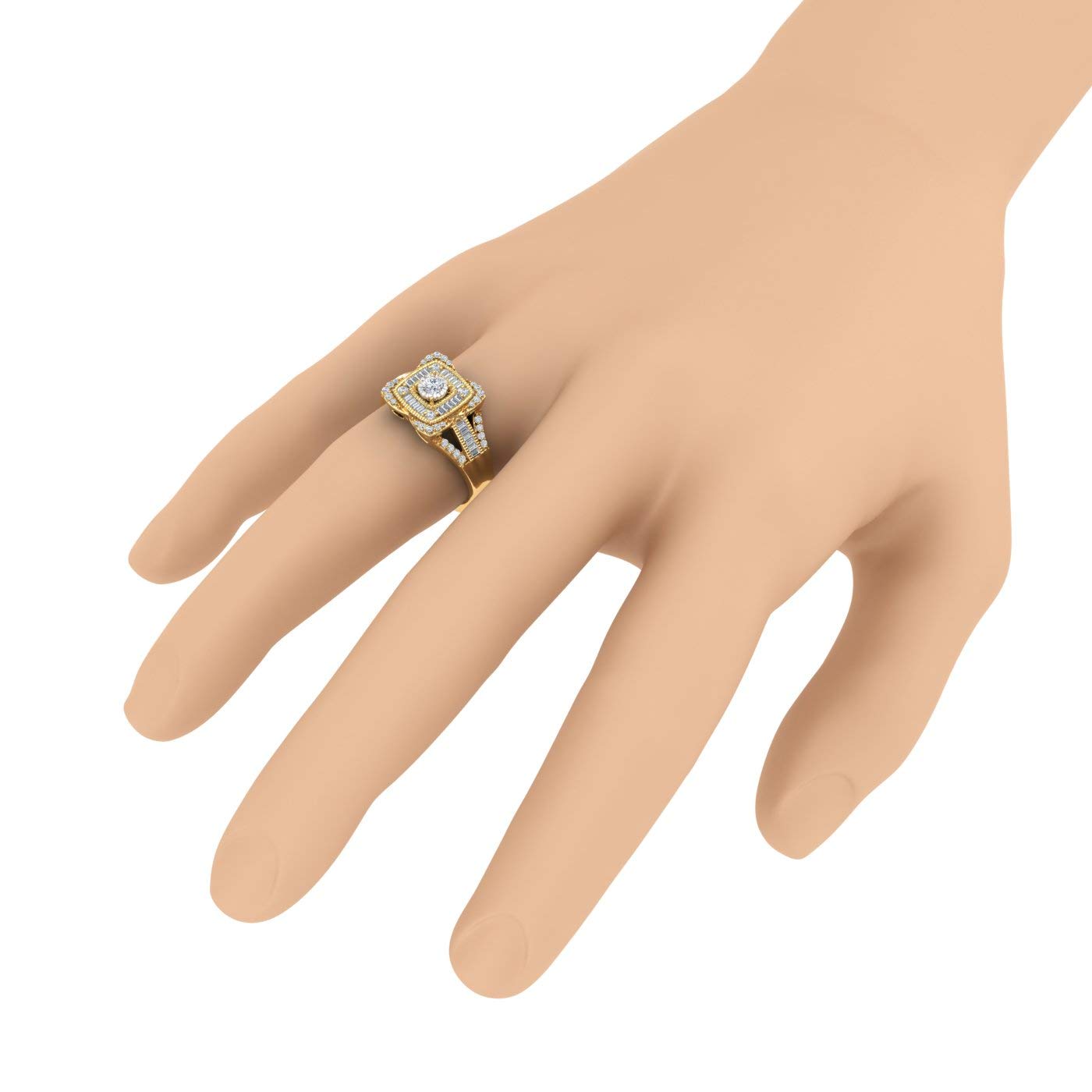 FINEROCK 1/2 Carat Round & Baguette Shape Diamond Cushion Shaped Halo Ring in 10K Yellow Gold (Ring Size 8)