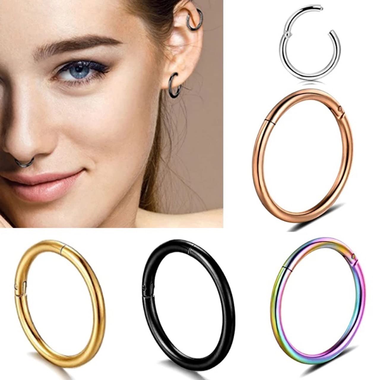 Generic 5Pcs Set 16G Nose Rings 316L Surgical Steel Hinged Segment Ring Septum Clicker Lip Nipple Rings Cartilage Rook Helix Conch Tragus Daith Earring Piercing Jewelry, Multicolor (EVBD0018-8mm)