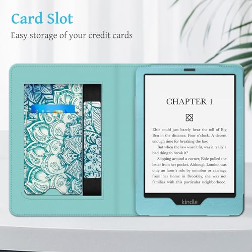 Fintie Stand Case for 6.8" Kindle Paperwhite (11th Generation-2021) and Kindle Paperwhite Signature Edition - Premium PU Leather Sleeve Cover with Card Slot and Hand Strap, Emerald Illusions
