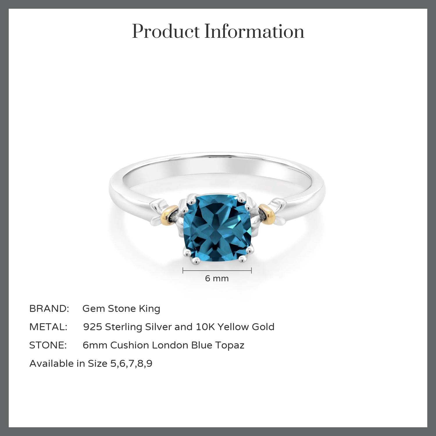 Gem Stone King 925 Sterling Silver and 10K Yellow Gold 6MM Cushion Cut Gemstone Birthstone Engagement Ring | Wedding Anniversary Promise Ring For Women | Available In Size 5, 6, 7, 8, 9