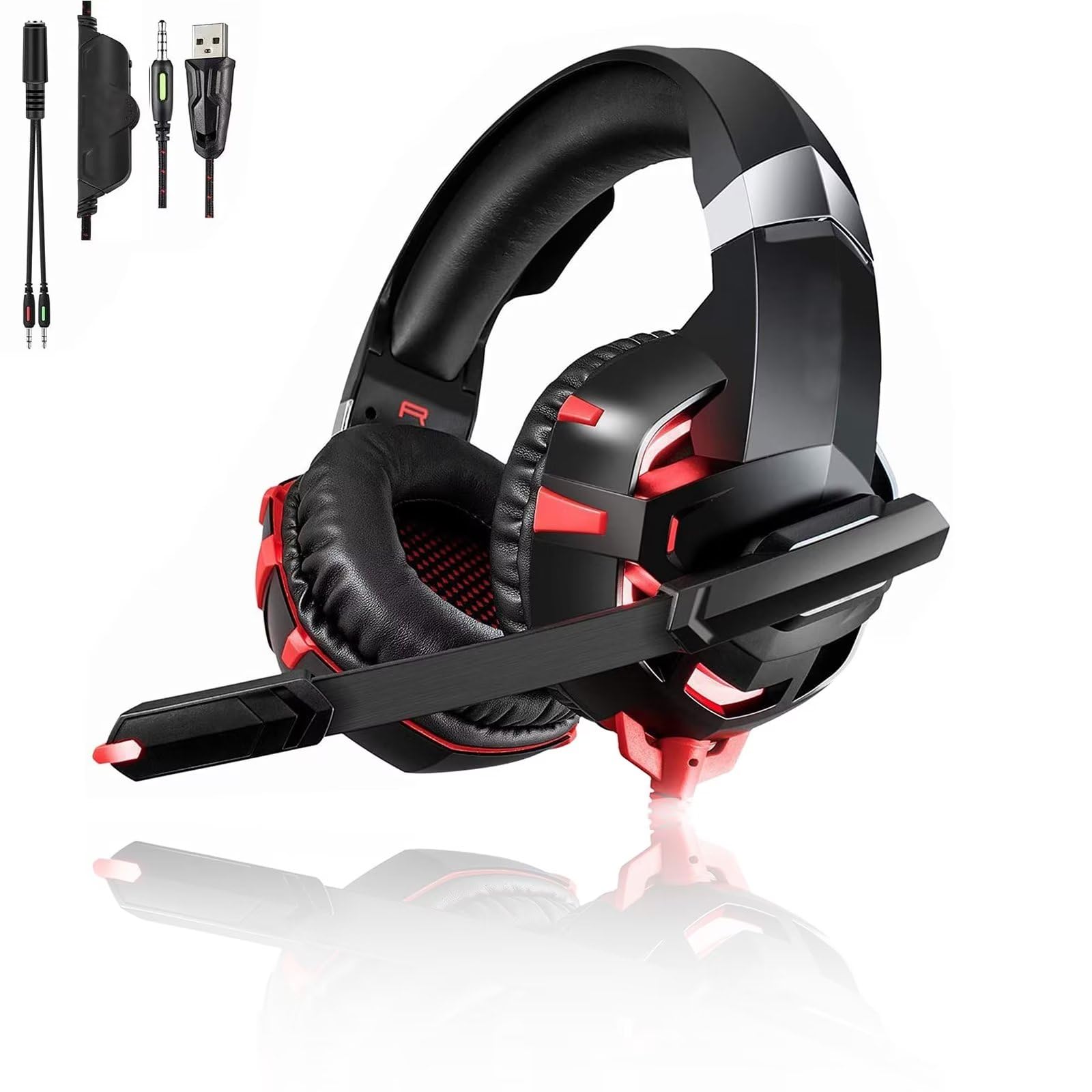 Gaming Headset for PS4 New Xbox one PC Mac Laptop, Professional 3.5mm Over Ear Headphones, Stereo USB Headset with LED Light and Noise canceling Mic for Games by Runying (Red)