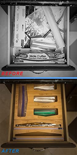 Foil and Plastic Wrap Organizer, Magnetic Dispenser with Cutter, 6 in 1 Aluminum Dispenser, Bamboo Storage Kitchen Drawer Organizer for Foil, Ziploc, Gallon, Quart, Sandwich, Snack, standard large
