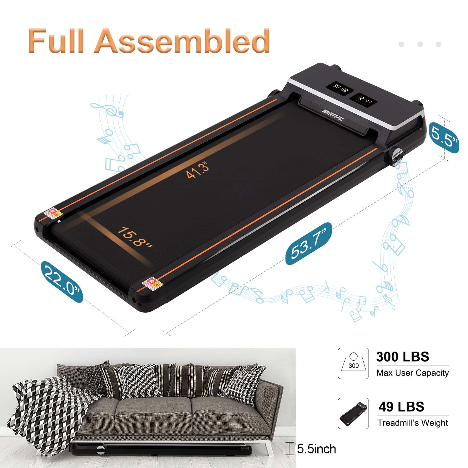 FYC Under Desk Treadmill 3.5HP Slim Walking Treadmill 300LBS - Electric Treadmill with APP Bluetooth Remote Control LED Display, Running Walking Jogging for Home Office Use (Installation Free) JK30F-9