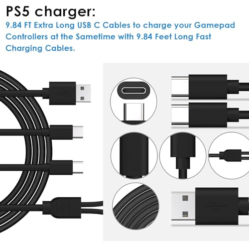 Geekria QuickFit Console Charging Cable, Charger Cord for PS5 Dualsense Controller, Y-Splitter USB C Fast Charger Cable, 2 in 1 Multiple Charger Cord for Playstation 5 / Xbox Series X (10FT)