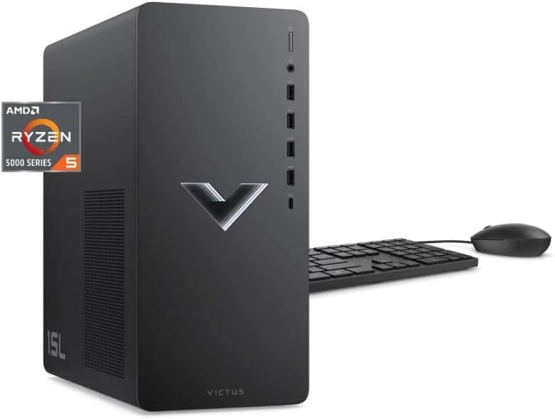 HP Victus 15L Gaming Desktop PC, AMD Ryzen 5 5600G, AMD RX6400 Graphics, 32GB RAM, 1TB SSD, Mica Silver, Windows 11 Home + Accessories