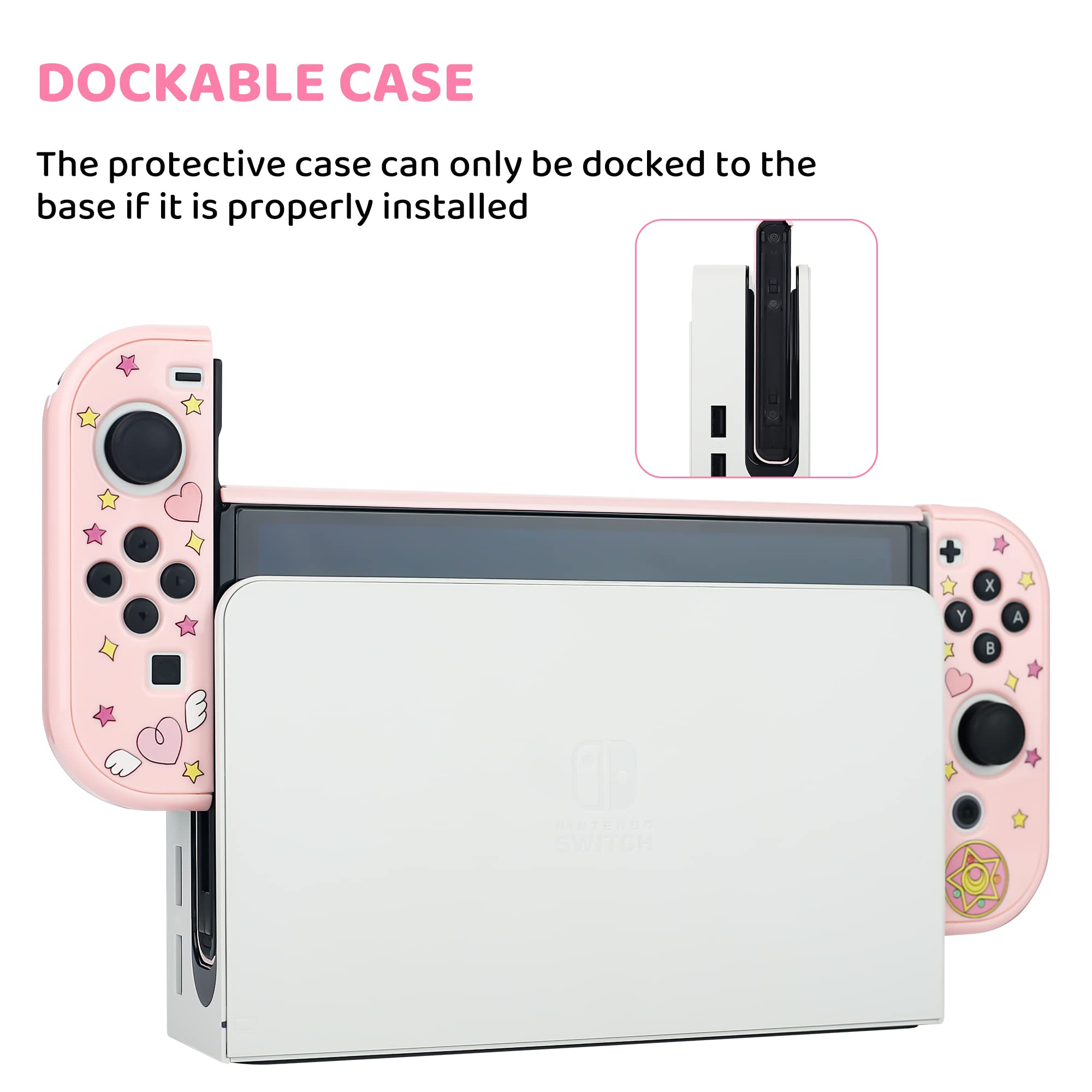 GLDRAM Anime Girl Protective Case for Nintendo Switch OLED, Cute Dockable Case Cover Compatible with Switch OLED Console and Joy Con, Hard PC Pink Skin Accessories with 4 Thumb Caps & Screen Protector