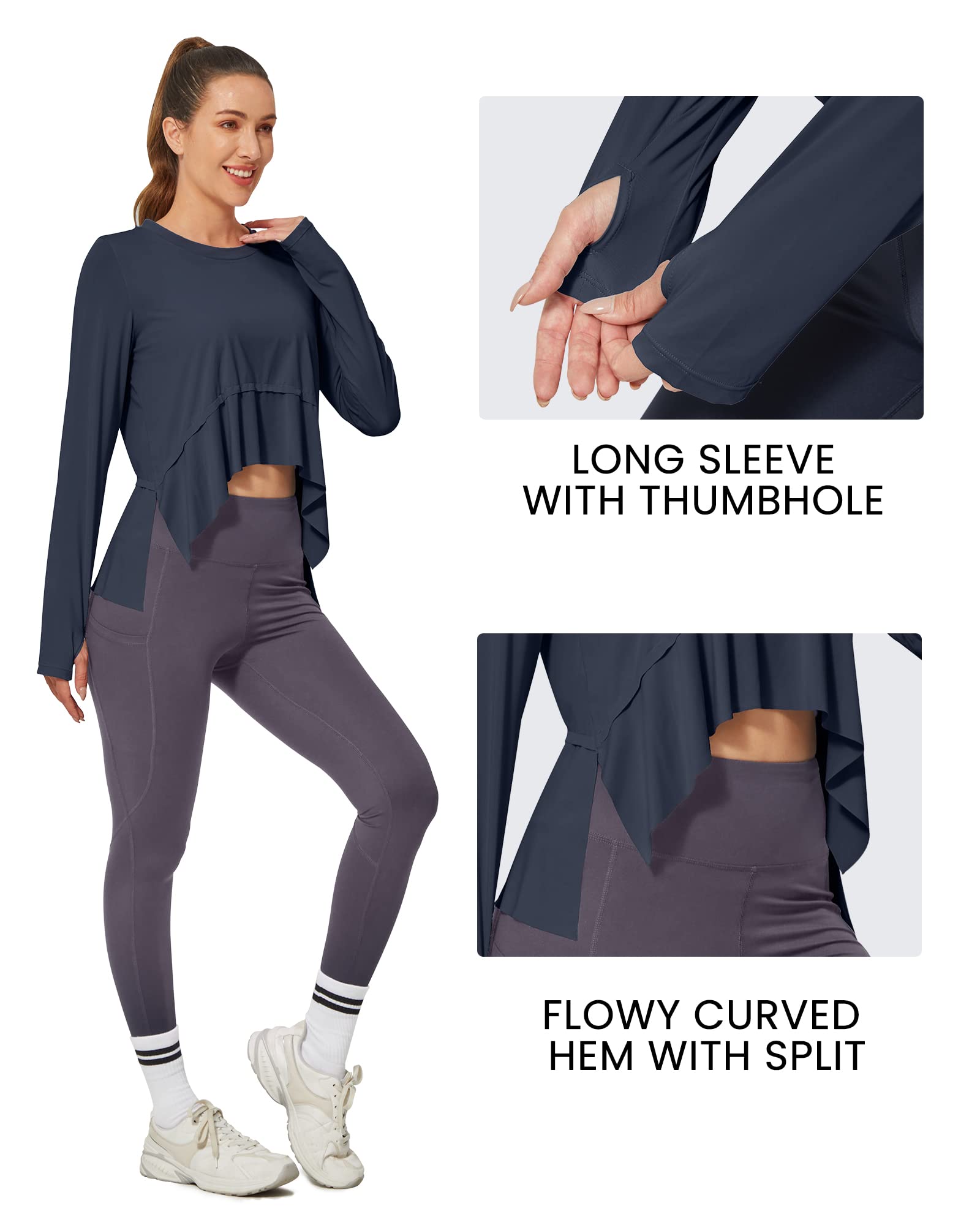 G4Free Women's Workout UV Shirts Long Seeve Sun Protection Crop Tops with Thumb Hole for Running Athletic Hiking (Navy,L)