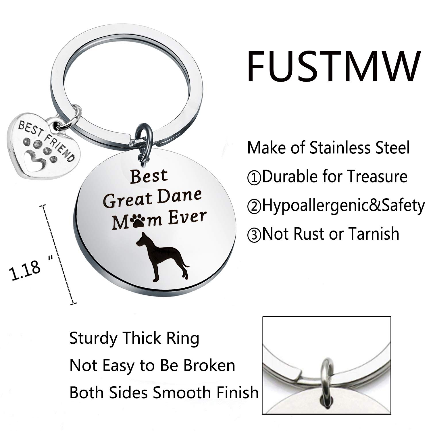 FUSTMW Great Dane Lover Gifts Best Great Dane Mom Ever Keychain Great Dane Mom Gifts for Dog Owners (silver)
