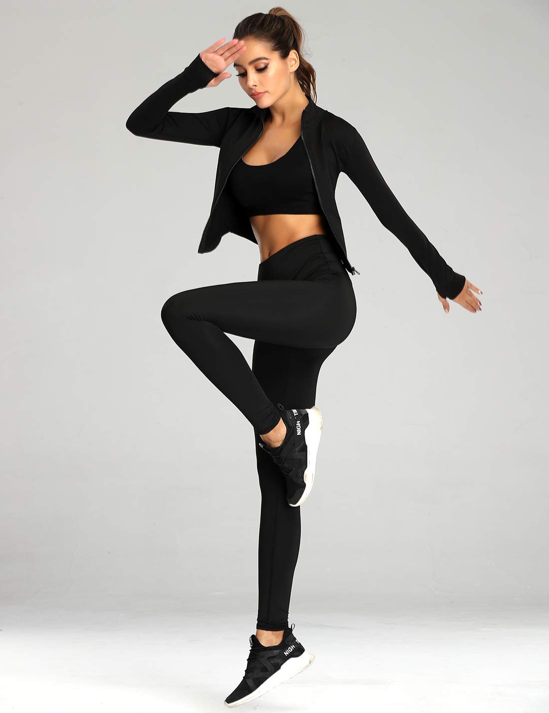 Gacaky Women's Athletic Jacket Lightweight Full Zip Up Yoga Jacket Cropped Workout Slim Fit Tops with Thumb Holes Black S