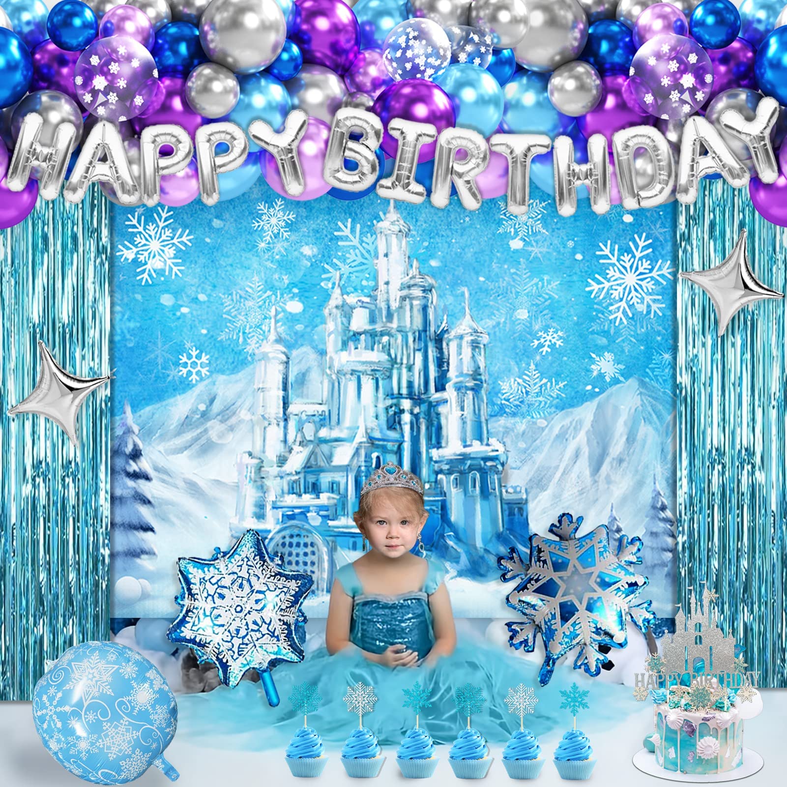 Frozen Birthday Party Supplies Winter Decoration Pack 117 Pcs Wonderland Snowflake Princess Party Decors for Girls (Backdrop, Tablecloth, Banner, Foil Balloons, Balloons Garland)