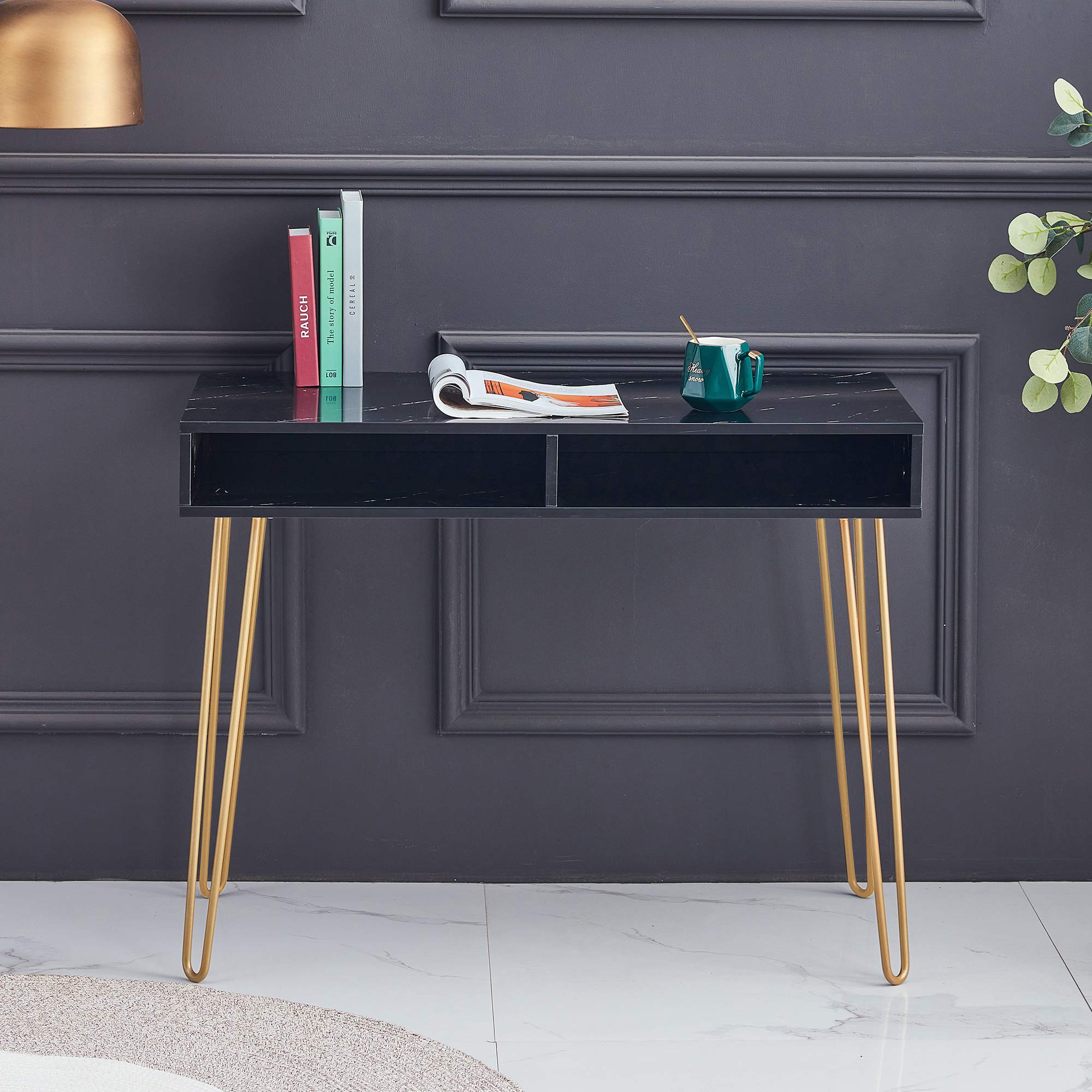 Henf Modern Simple Computer Table Laptop Desk, MDF Metal Iron Foot Office Desk Study Writing Table for Home Office,Golden Marble Color, Black