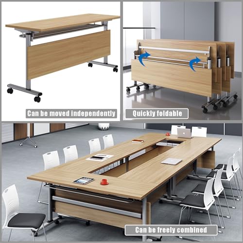 Foldable Conference Table, Meeting Tables Set of 3 Modern Wooden Office Folding Flip Top Mobile Training Table with Silent Wheels,Rounded Corner for Office,Meeting Room,Classroom (180 * 60 * 75)