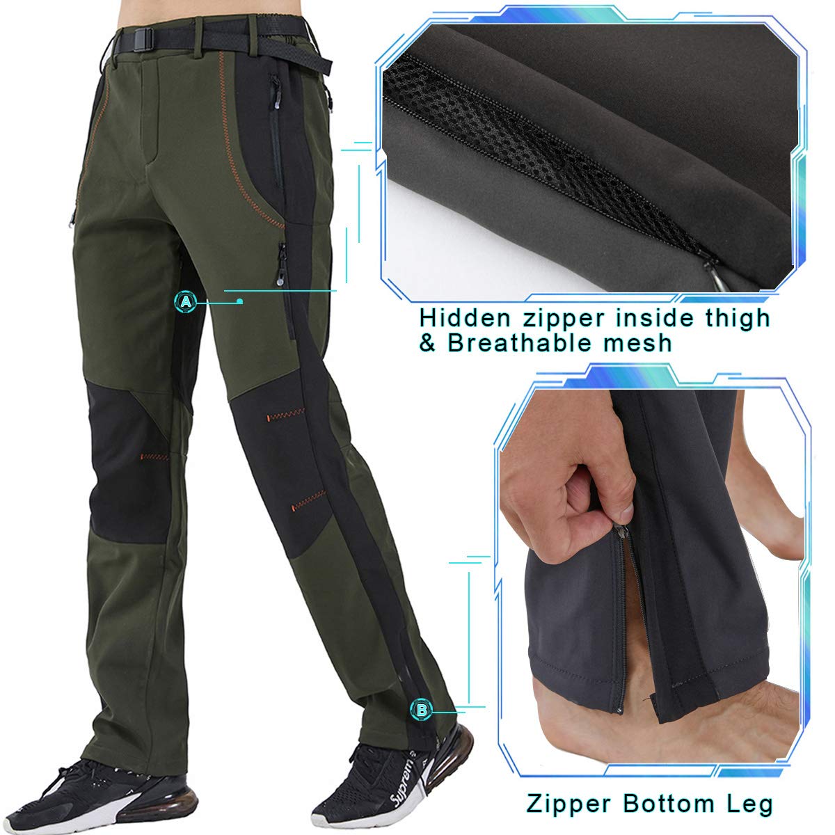 Gash Hao Men's Ski Snow Pants Waterproof Hiking Snowboard Pants Breathable Fleece Lined Zipper Bottom Leg(Army Green 32W X 32L)