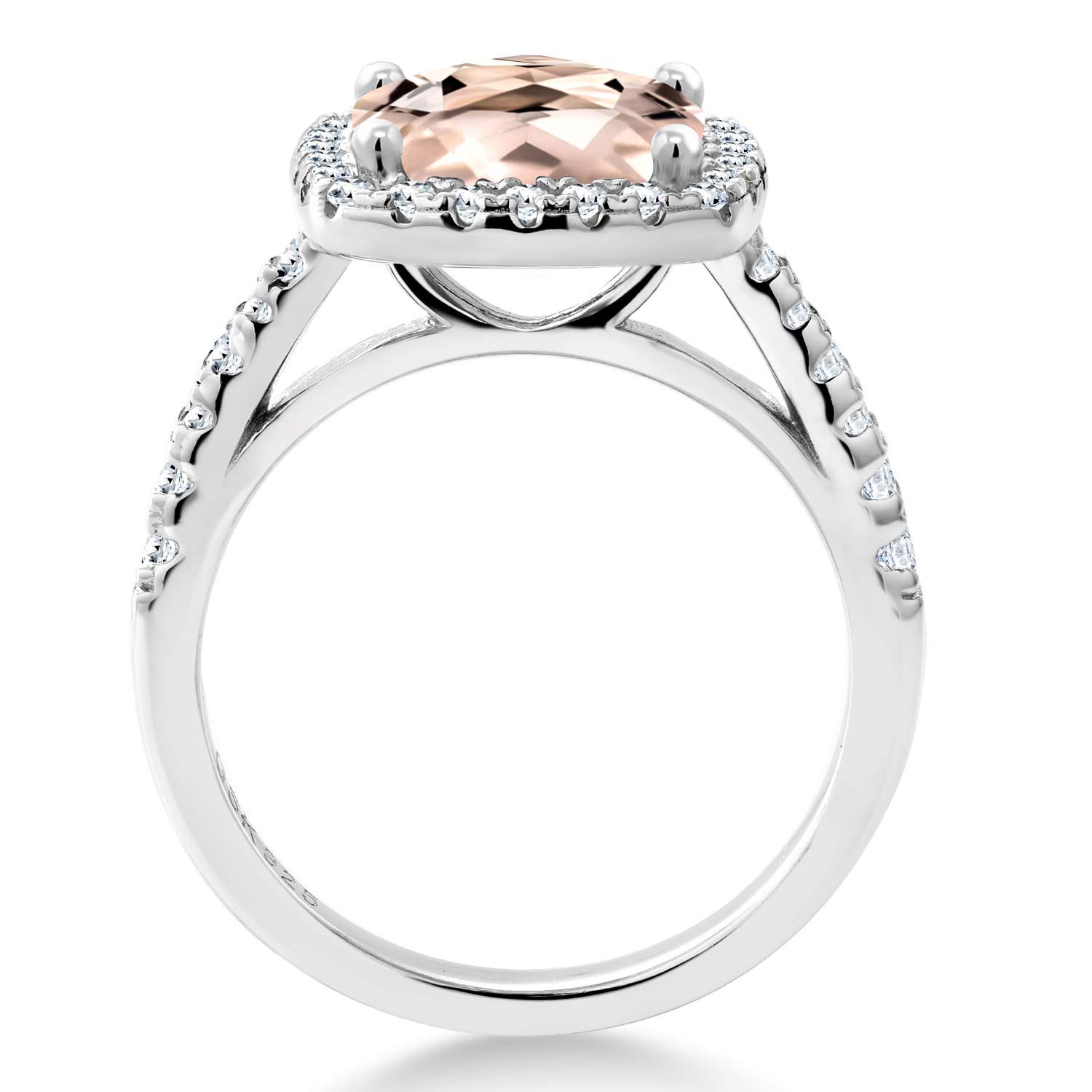 Gem Stone King 925 Sterling Silver Peach Morganite and White Created Sapphire Women Engagement Ring (2.38 Cttw Cushion 8MM, Available In Size 5, 6, 7, 8, 9)