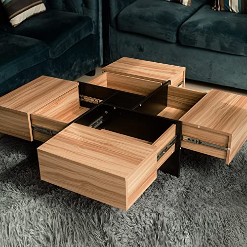 Furnnylane Modern Coffee Table with 4 Drawers,Square Coffee Table with Storage for Living Room,Oak,31.5" D x 31.5" W x 13.8" H