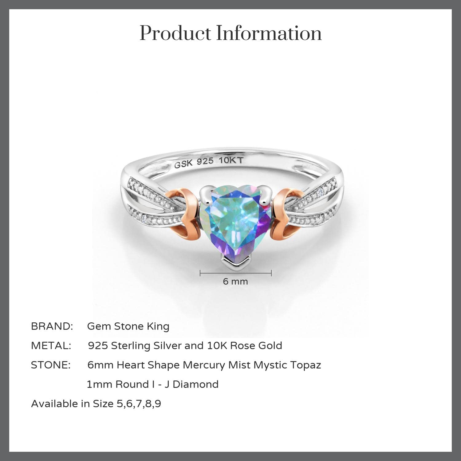 Gem Stone King 925 Silver and 10K Rose Gold 6MM Heart Shape Gemstone Birthstone and Diamond Engagement Ring | Wedding Anniversary Promise Ring For Women | Available In Size 5, 6, 7, 8, 9