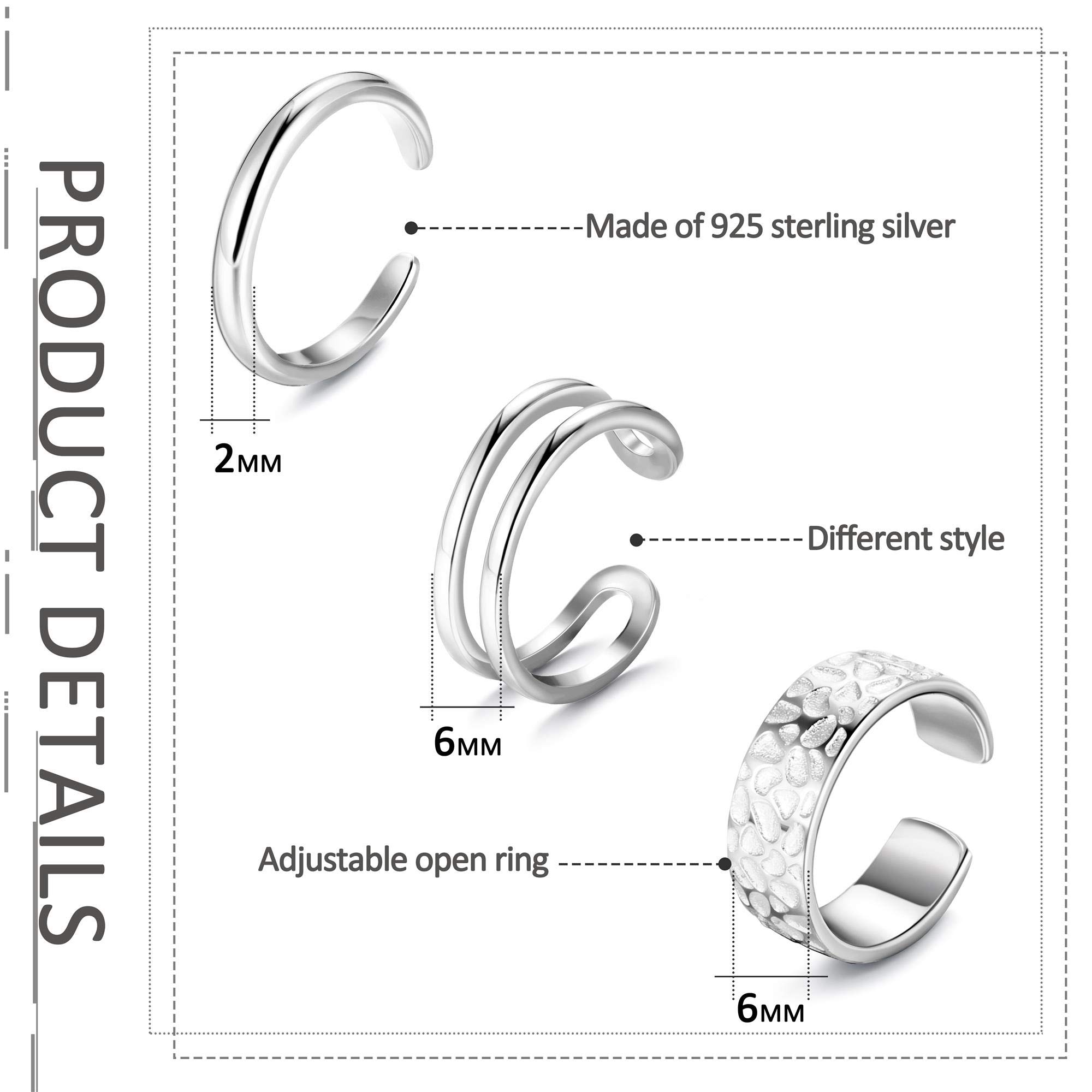 FUNRUN JEWELRY 3 PCS Sterling Silver Toe Rings for Women Minimalistic Open Adjustable Rings Foot Jewelry Set(Silver)