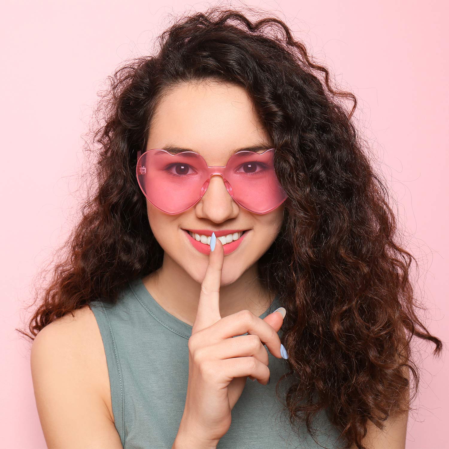 Frienda 6 Pairs Valentines Heart Sunglasses Transparent Love Glasses Tinted Eyewear Rimless Glasses (Light Pink)