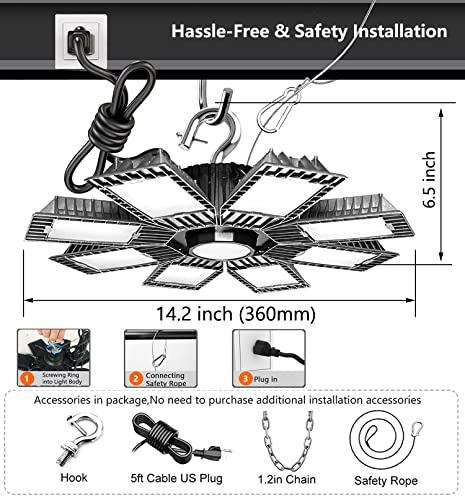 Fucoda LED Shop Light, 800W Equivalent, 35000 Lumen High Bay Light, Daylight White 250W, Non-Dimmable, Ceiling Hook Hanging Lighting with US Plug in Cord for Workshop Garage Barn Warehouse Lighting