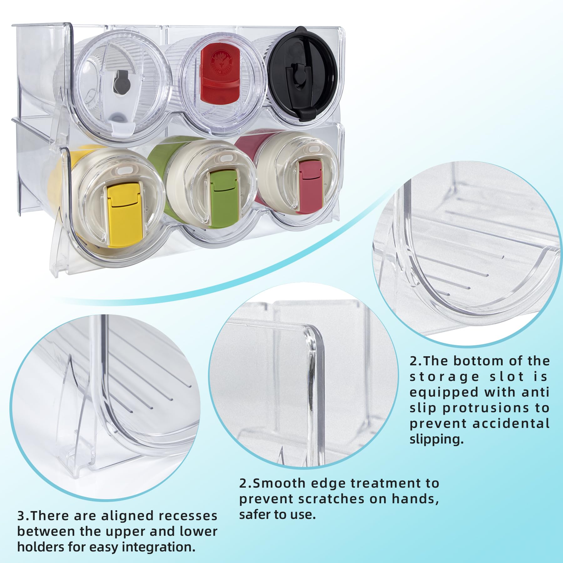 Golemas Water Bottle Organizer for Cabinet, Plastic Water Bottle Storage Rack, Stackable Tumbler Organizer Holder for Kitchen & Pantry Organization, Clear Home Refrigerator Shelf, 2Pack for 6 Bottles