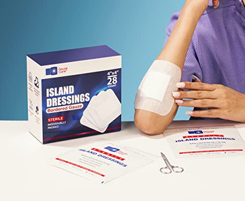GauzeCare Island Dressing 4x4 inch 28 Pcs| Individually Packed Sterile Pouches| 2x2 Non-Stick Pad in Center with Acrylic Adhesive Borders| Water-Resistant Adhesive Pads for Wound Care and Dressing
