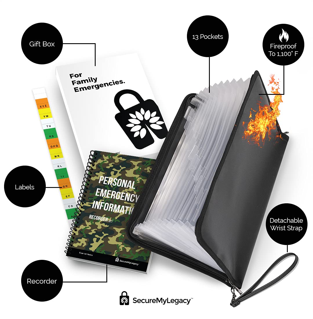 Fireproof & Lockable 13 Pocket File Bag w/ PERSONAL EMERGENCY INFORMATION RECORDER - Family Emergency Workbook (Camouflage) - Record, Organize and Centralize Passwords, Health, Financial, Insurance, Estate Planning Info, Personal Instructions and more