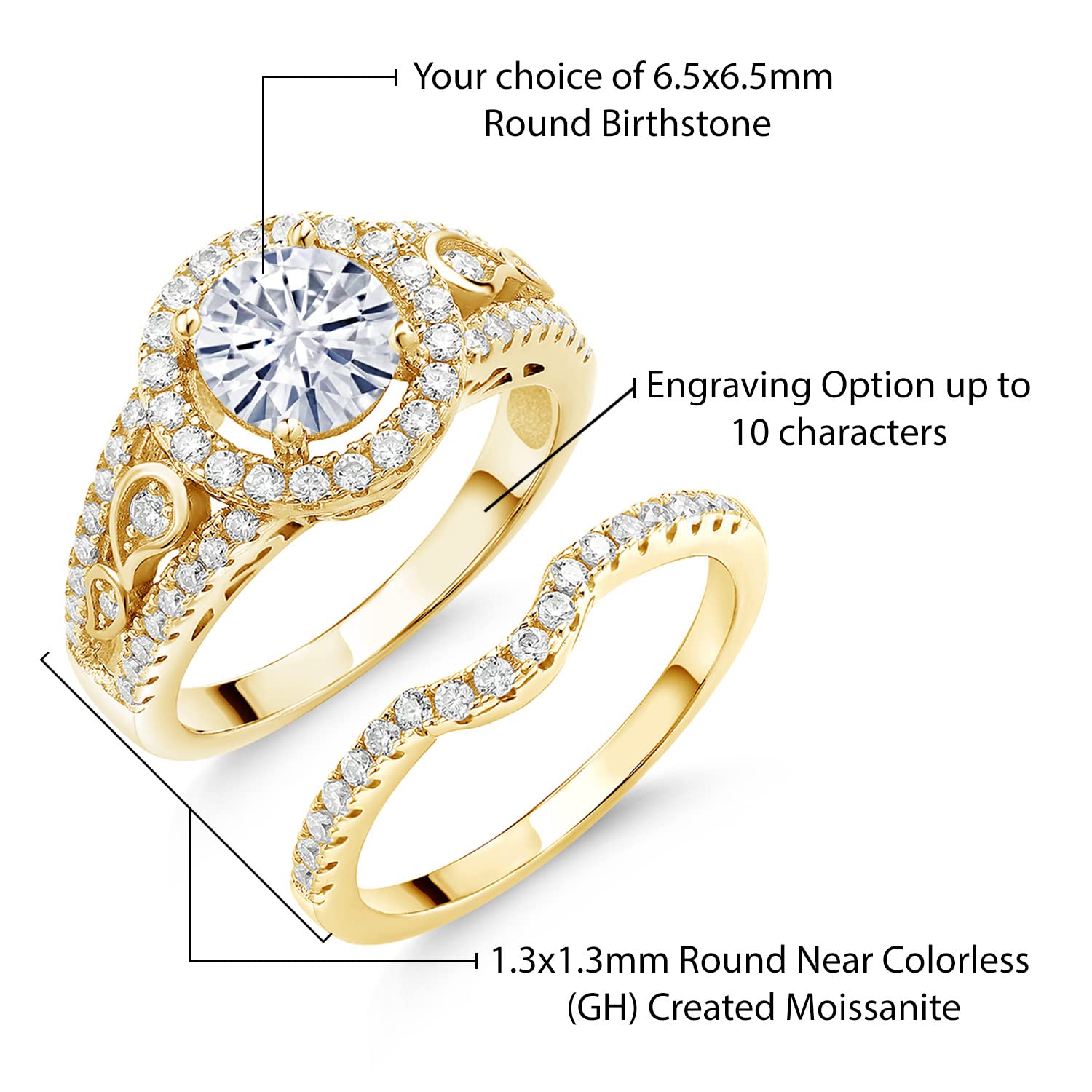Gem Stone King Build Your Own Personalized and Customized Round Birthstones and Moissanite 18K Yellow Gold Plated Silver Women Wedding Engagement Ring Band Bridal Set (Size 7)