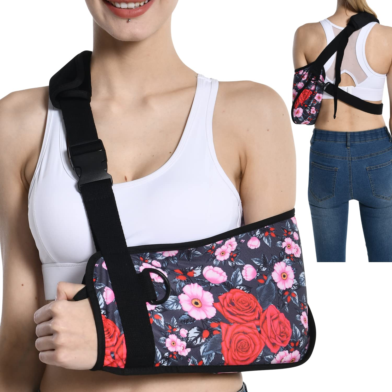 Fotgok Breathable Arm Sling with Waist Belt for Shoulder Women-Shoulder Immobilizer with Strong Support-Breathable Arm Support Brace for Shoulder Injury, Red Rose
