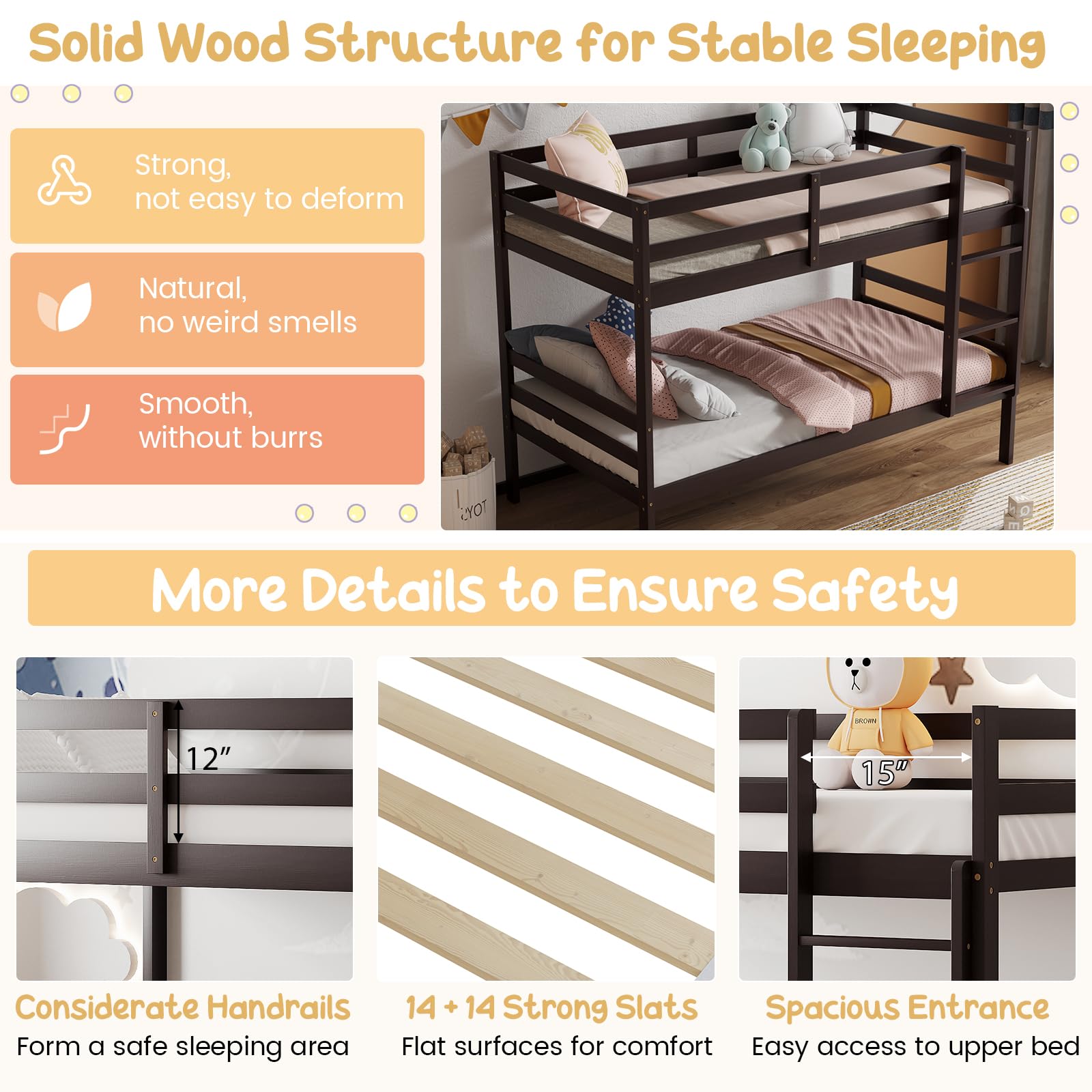 Giantex Bunk Bed Twin Over Twin White, Solid Wood Bunk Bed with Sturdy Ladder & 12 Inch Safety Guard Rails, Twin Size Wood Bed Frame for Dormitory, No Box Spring Needed, Bunk Beds for Kids Teens