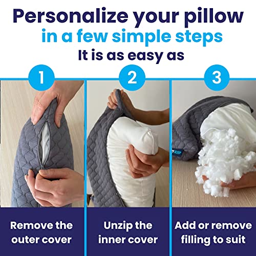 Sidney Sleep Bed Pillow for Side and Back Sleepers - Adjustable Filling - Memory Foam Pillow for Neck and Shoulder Pain - Customizable Loft - Queen Size - Additional Foam Bag Included (Grey)