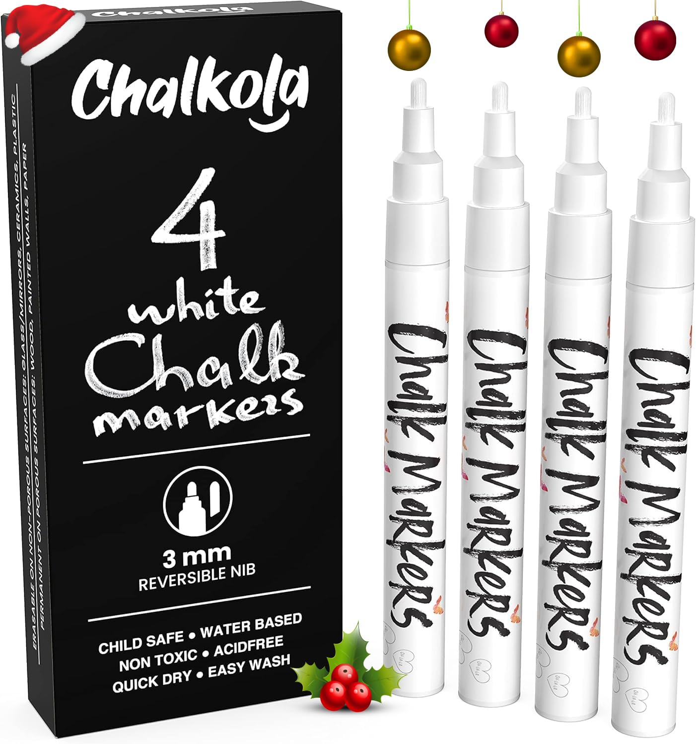 White Chalk Markers Fine Tip (4 Pack 3mm) - Wet & Dry Erase Chalk Pens for Blackboard, Chalkboards, Windows, Signs, Glass, Bistro - 3mm Reversible Bullet & Chisel Point