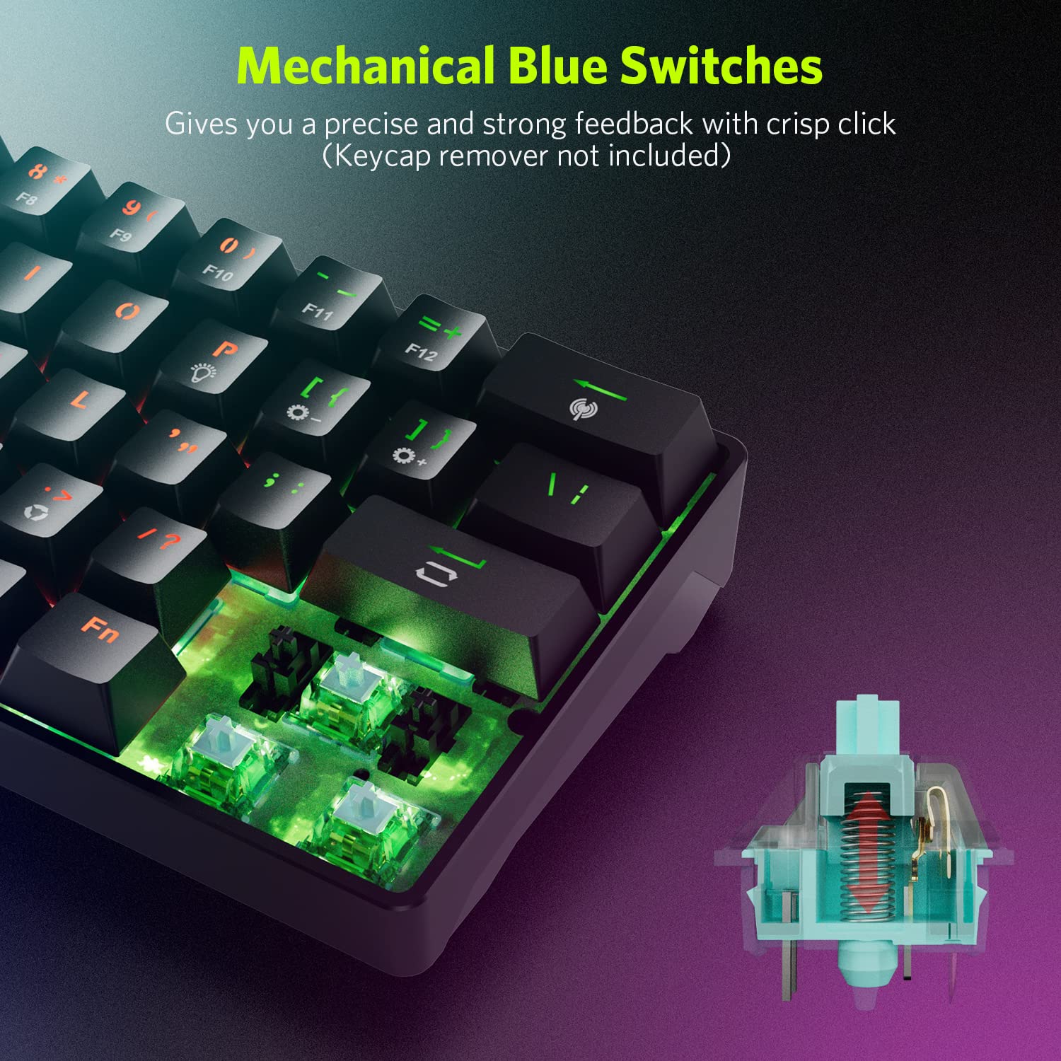 Fiodio 61 Keys RGB Wireless and Wired Mechanical Gaming Keyboard with Blue Switches, Audible Click Sound Rainbow Portable Compact Mini Office Keyboard for Windows PC Gaming, (F-SG61)