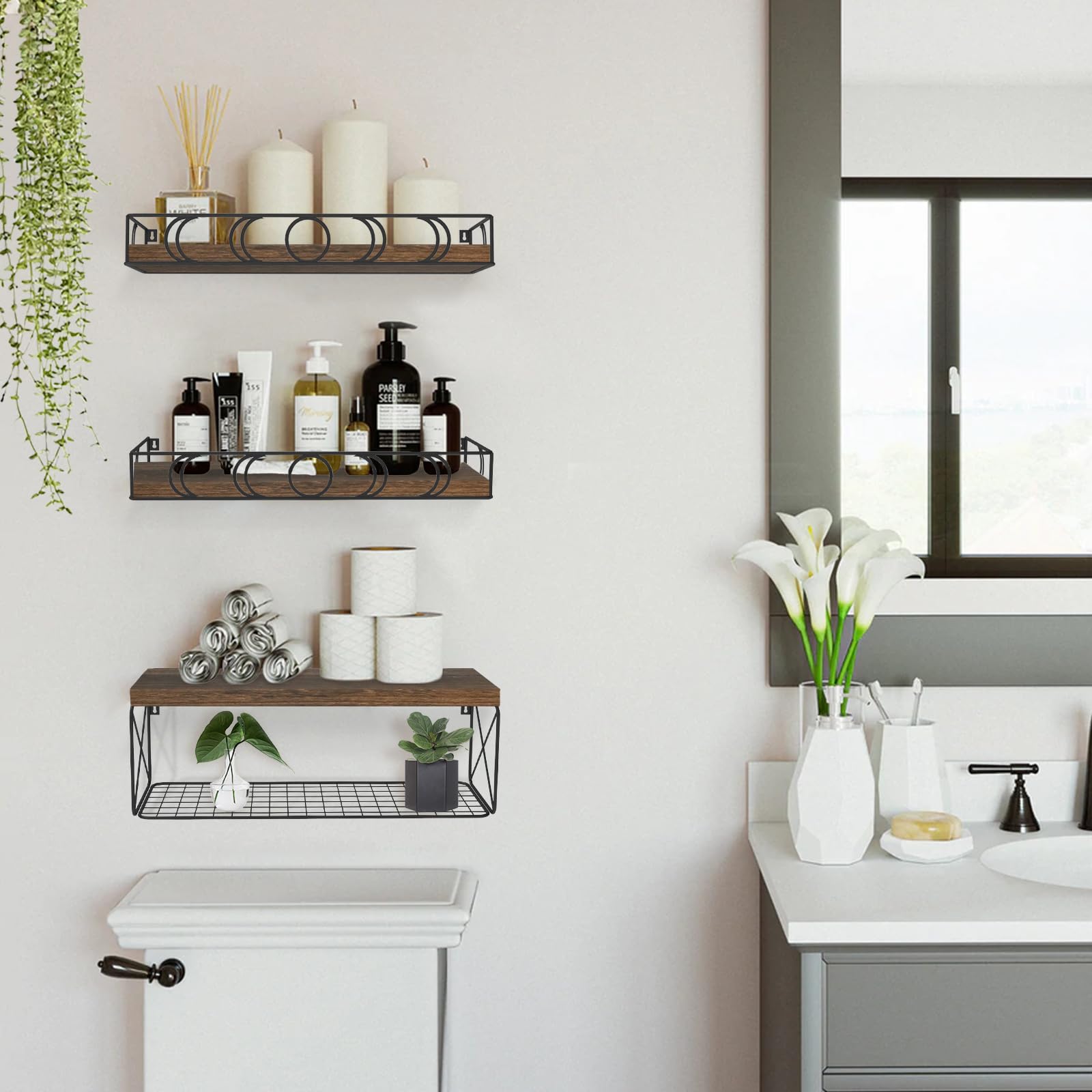 Floating Wall Shelves Set of 3, Rustic Solid Wood Bathroom Shelves for Wall DéCor, Wall Mounted Wooden Shelves Bathroom Wall Organizer Over Toilet Storage, Kitche-Black