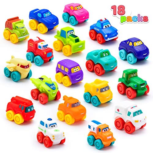JOYIN 18 Pcs Pull Back Cars Set and 18 Pcs Soft Rubber Toy Car Set, Mini Toy Vehicles,Car for Toddlers, Party Favors for Kids